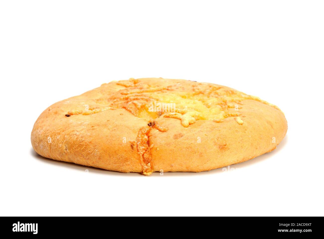 Round flat loaf of white bread with cheese isolated on white Stock ...