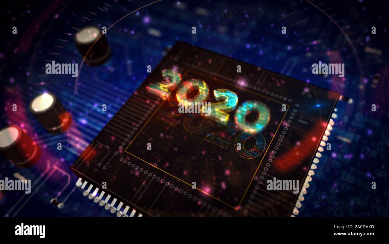 2020 year number cyber style futuristic 3D rendering illustration. Concept abstract digital sign ...