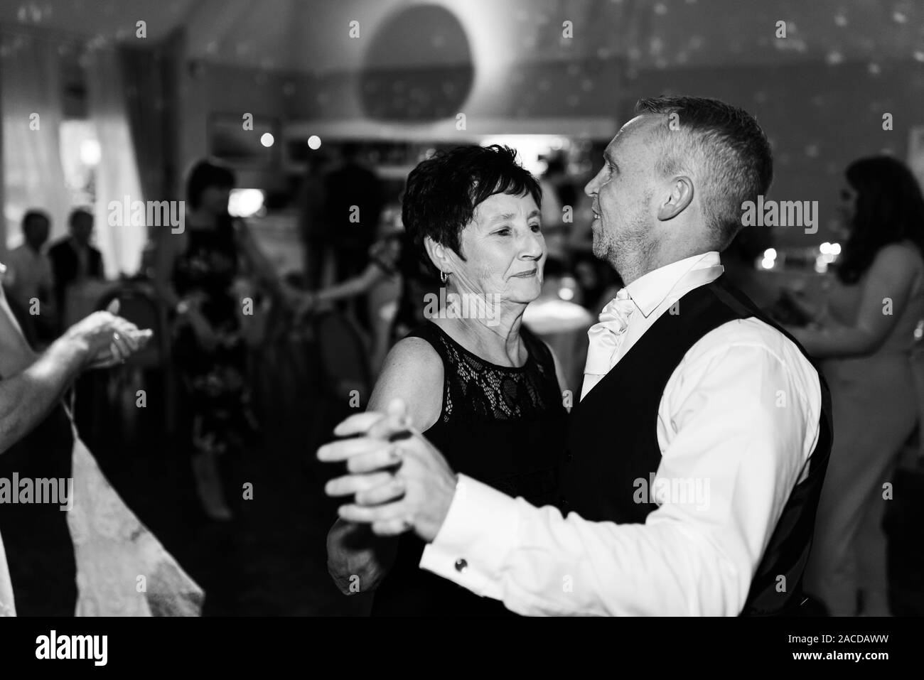 People dance and enjoy themselves at a wedding reception, after party ...