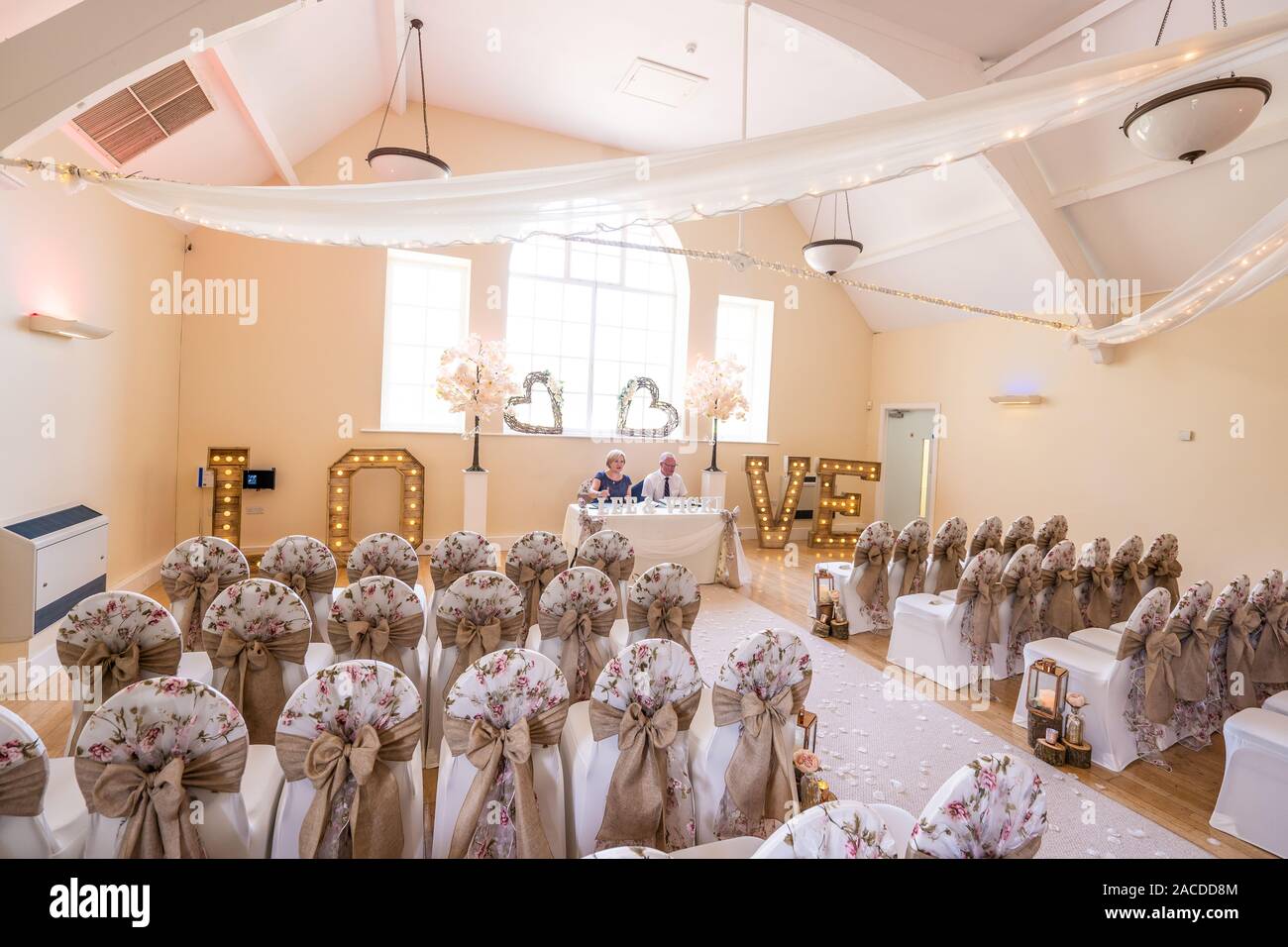 A venue dressed for a wedding ceremony at Floral Hall, Tunstall, Stoke ...