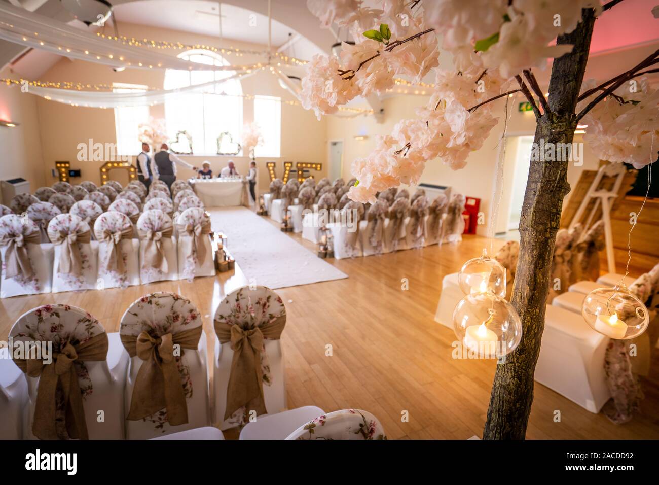 A venue dressed for a wedding ceremony at Floral Hall, Tunstall, Stoke ...