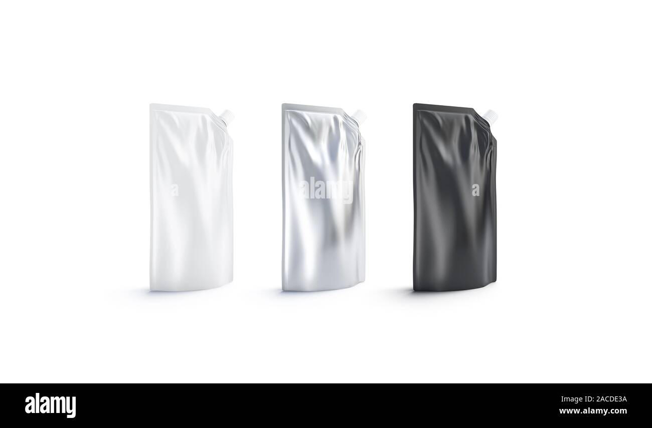 Blank black, white and silver sauce doypack with spout mockup Stock ...