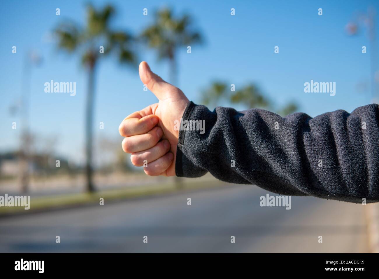 Hand of man with thumb up hitchhiking on the road wit palm trees Stock ...