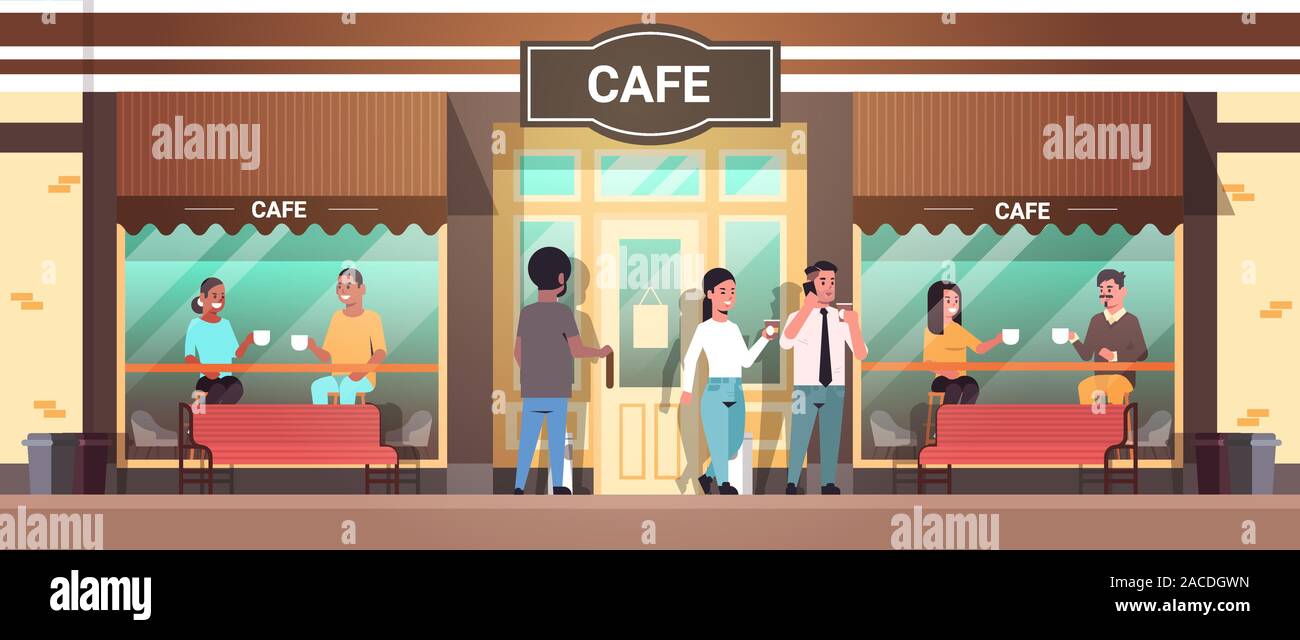 people sitting at tables men women drinking tea mix race visitors ...