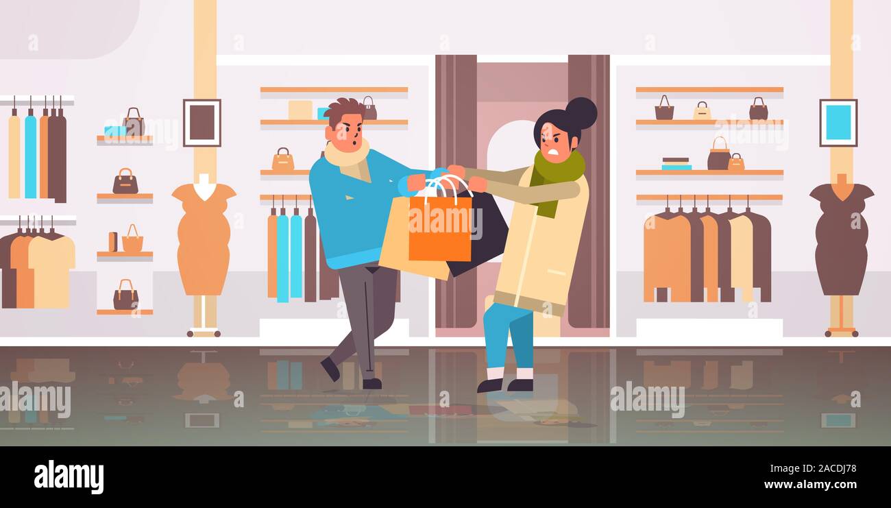 shoppers couple fighting for last gift box man woman customers pulling ...