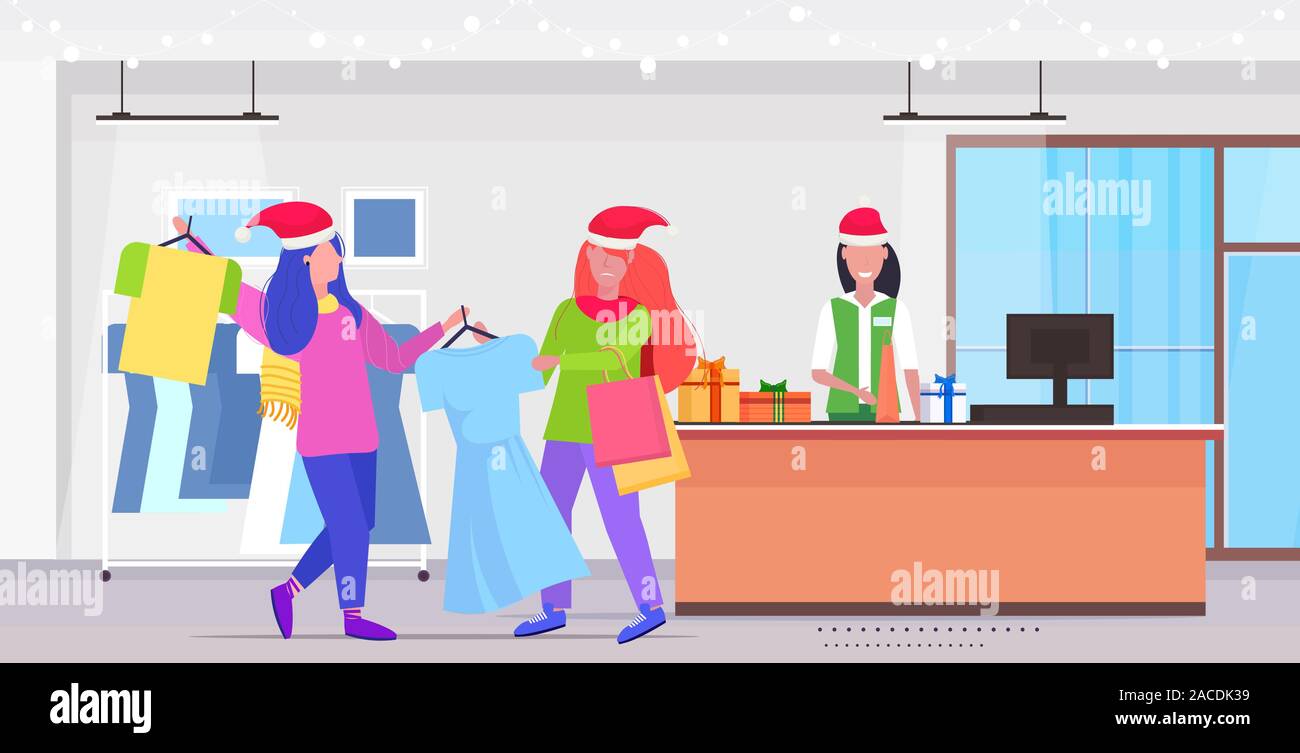women shoppers in santa hats fighting for last dress customers couple ...