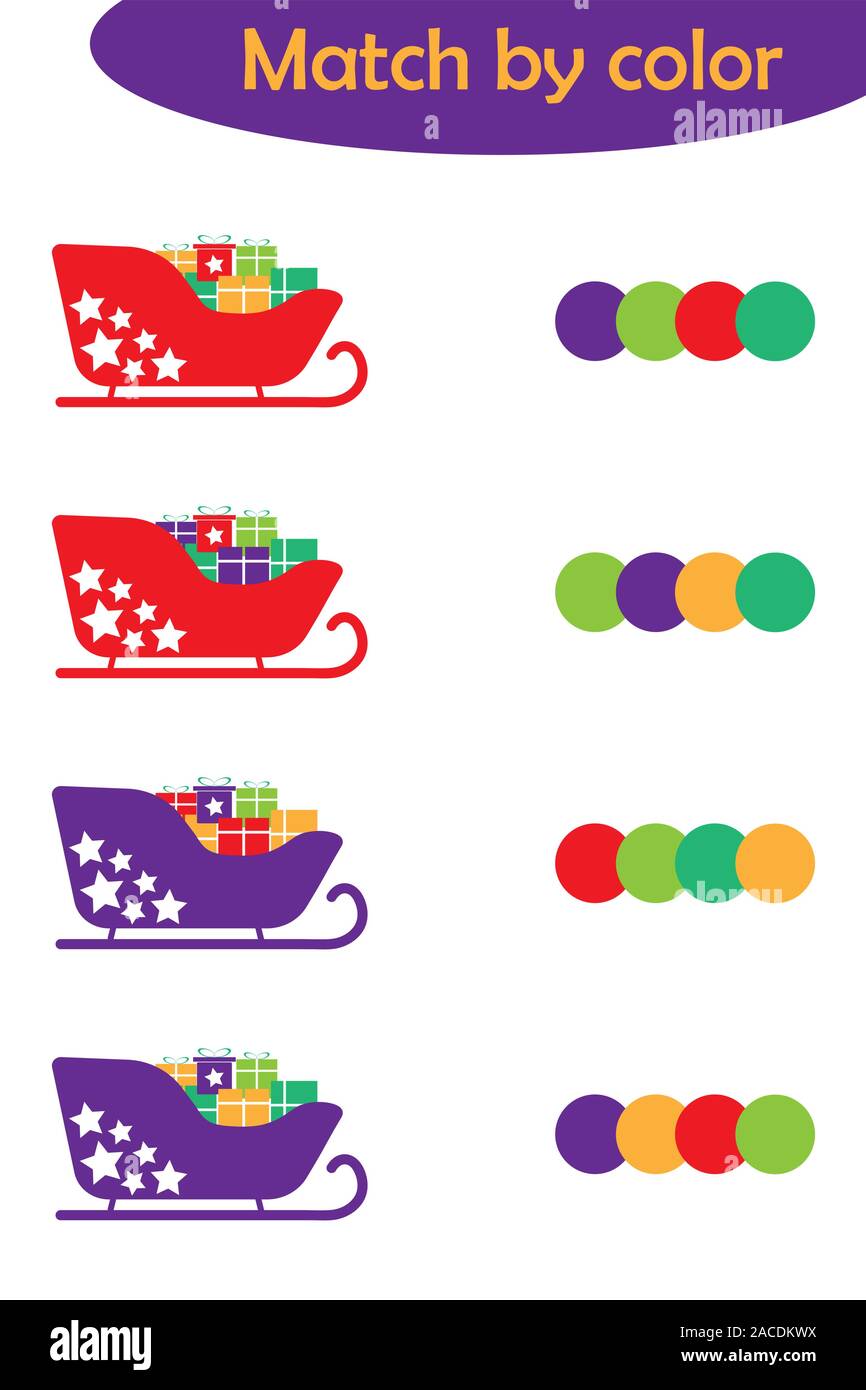 Winter xmas matching game for children, connect sleighs with presents ...