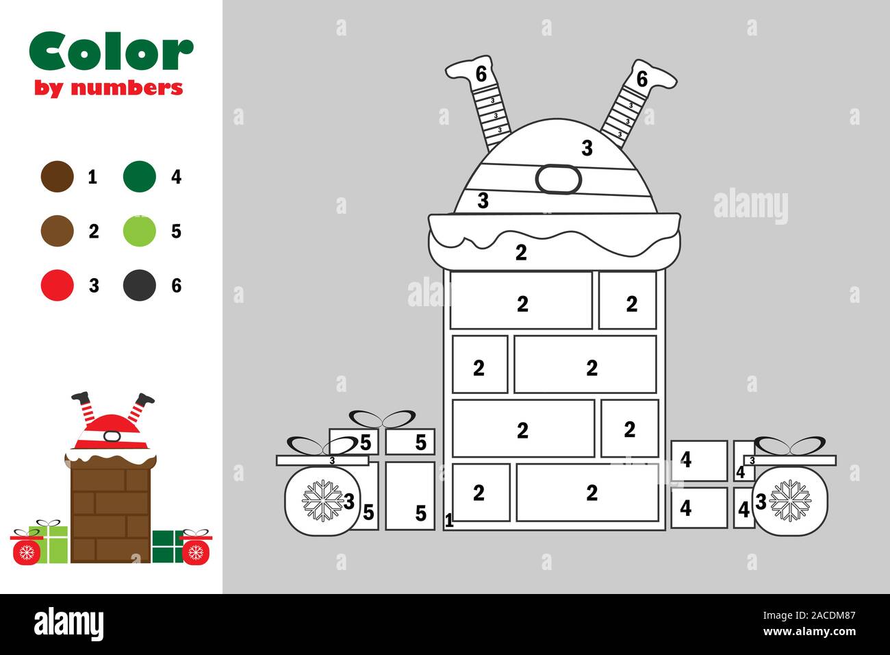 Santa in chimney in cartoon style, color by number, christmas education ...