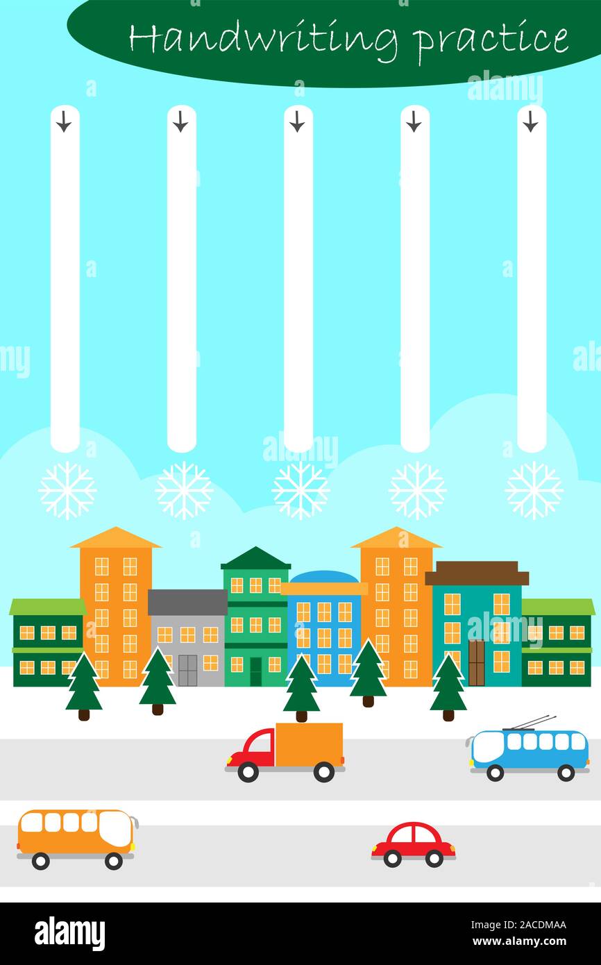 Handwriting practice sheet, christmas theme, draw how snowflakes fly ...