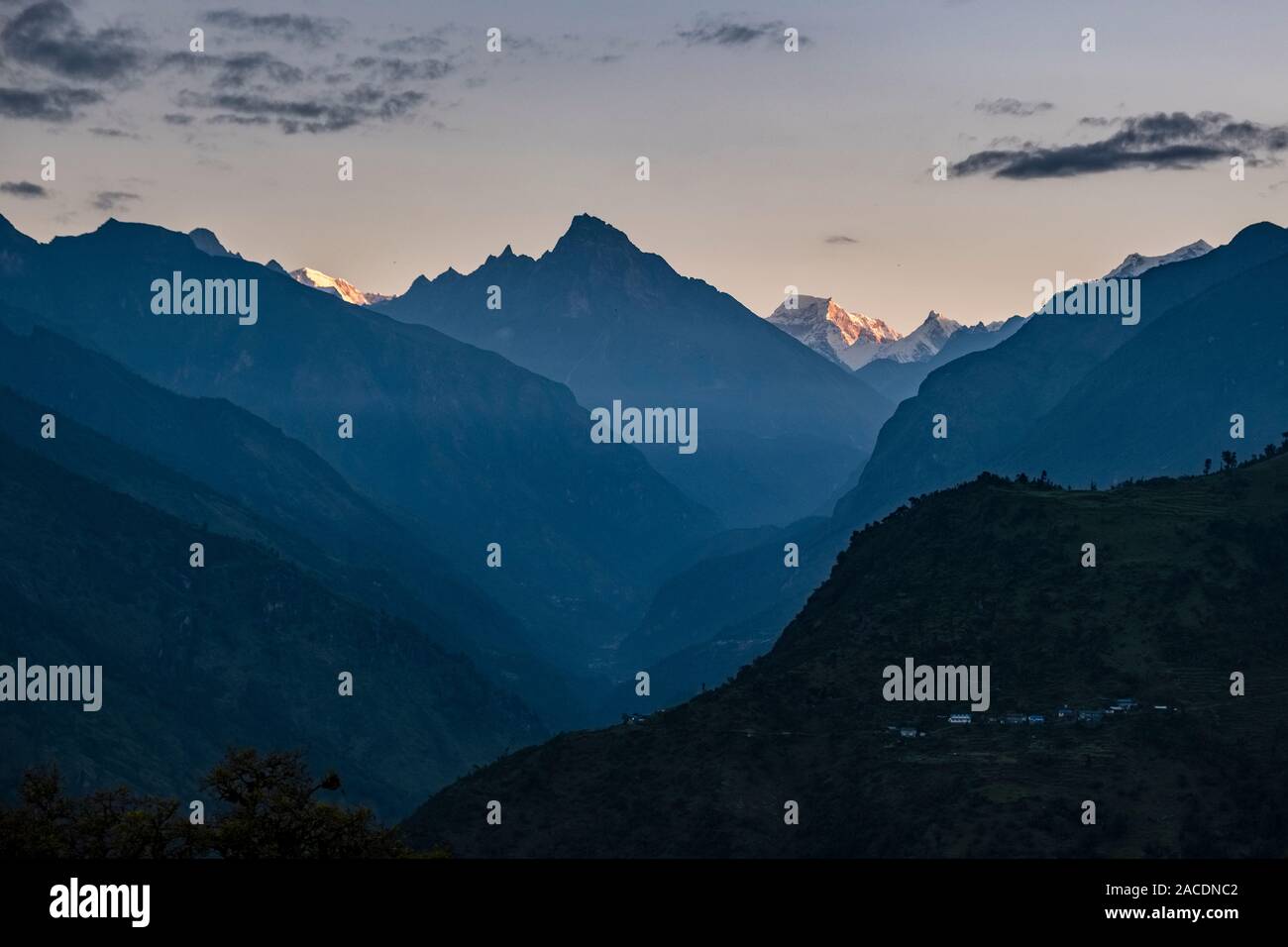 Aerial view up the Dudh Koshi valley, the summit of the mountain ...
