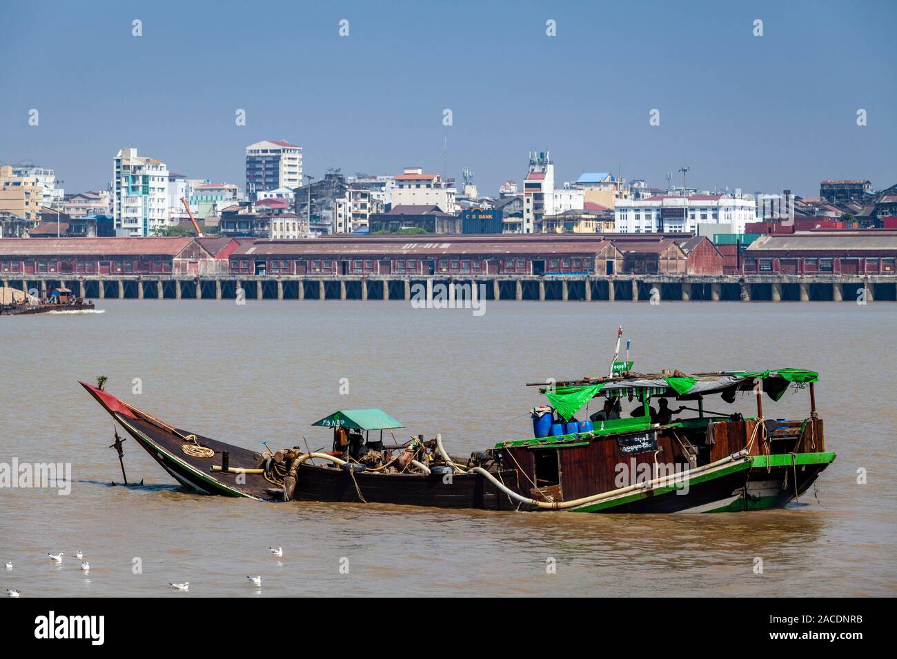 Traditional Cargo Boats On The Yangon River, Yangon, Myanmar Stock ...