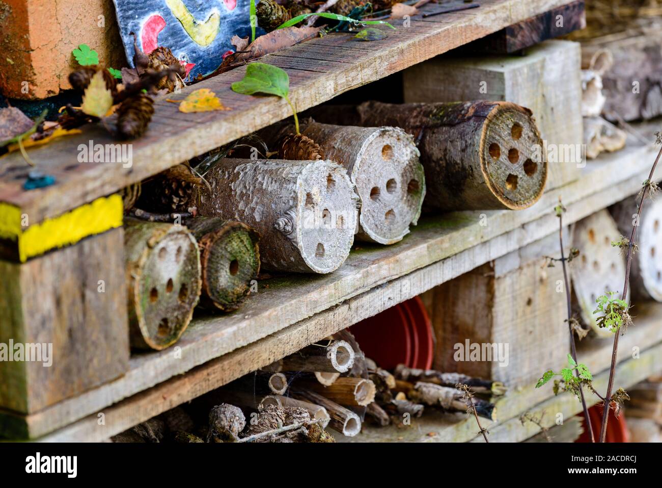 A bug hotel made out of wooden pallets and other wooden materials to ...