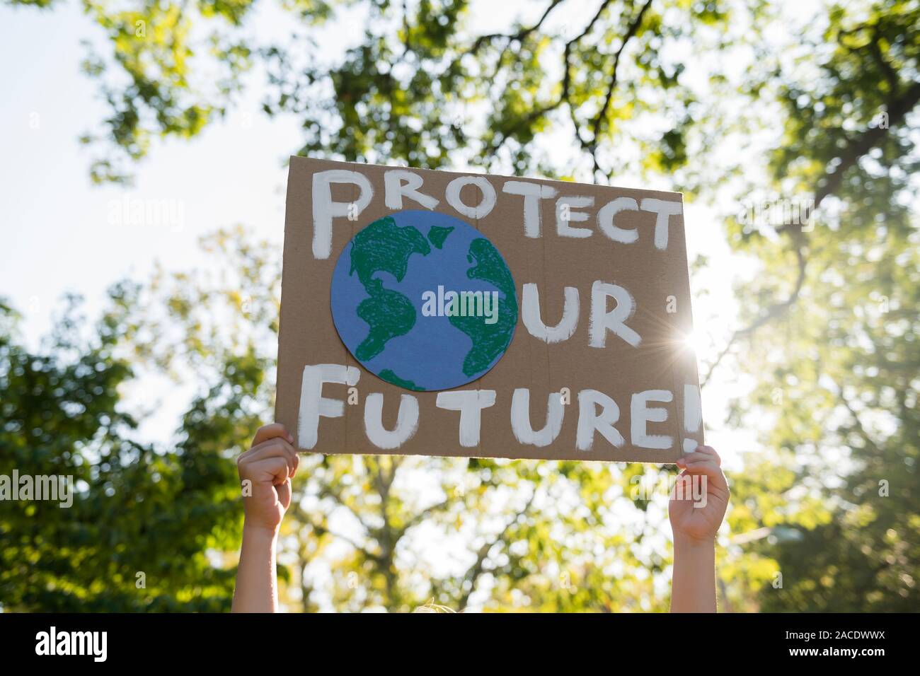 Climate change activist holding sign Stock Photo - Alamy