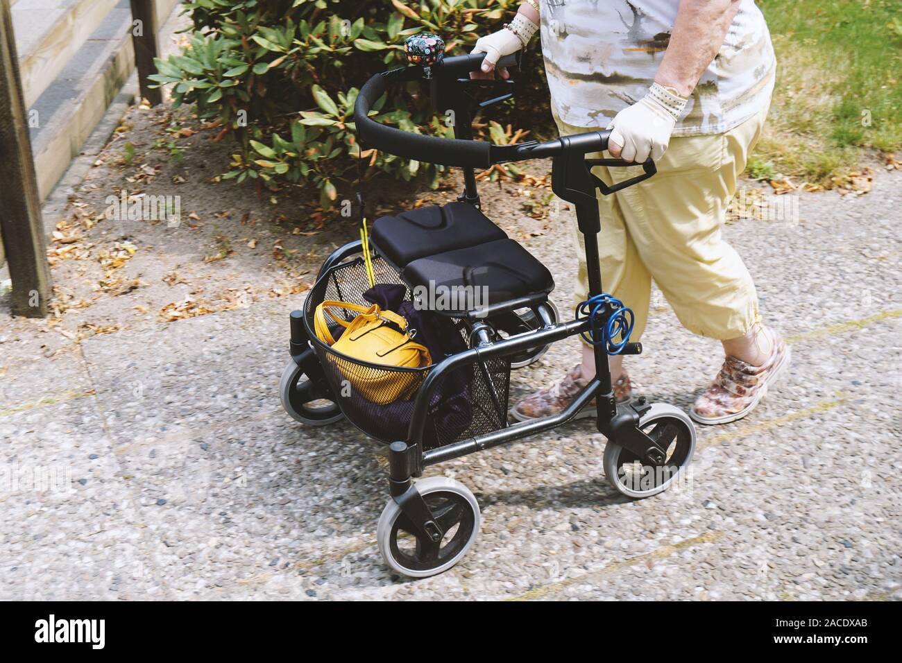 elderly woman walking outside with rollator or wheeled walker ...