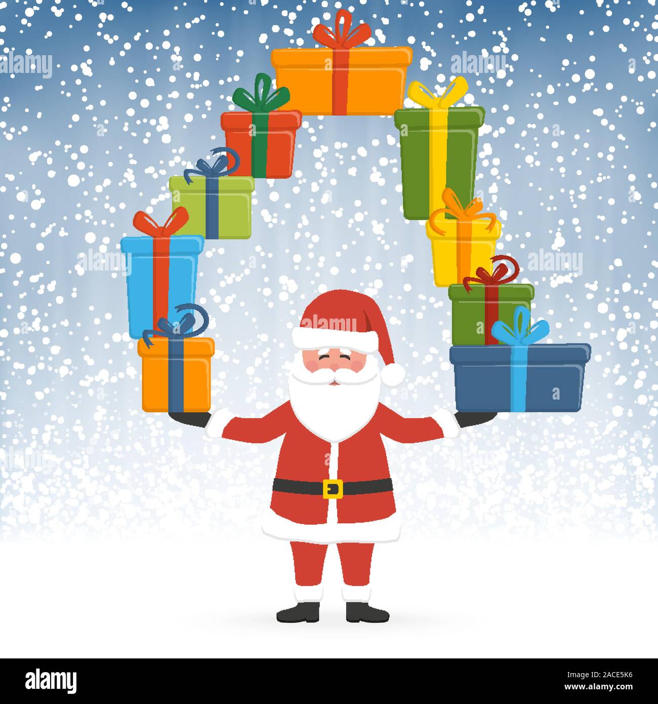 Santa Claus concept with colored gifts and blue snow fall background ...