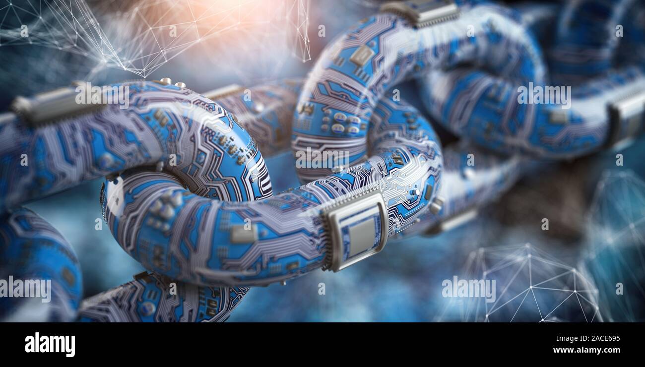Blockchain technology concept. Chain in form of pc circuit board with ...