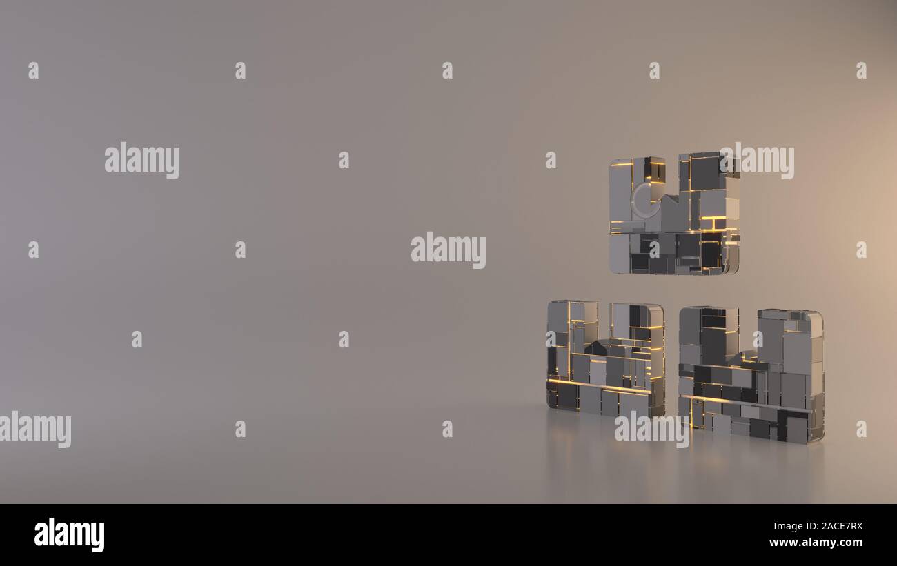 3d rendering metal techno rectangular geometric greeble symbol of three ...