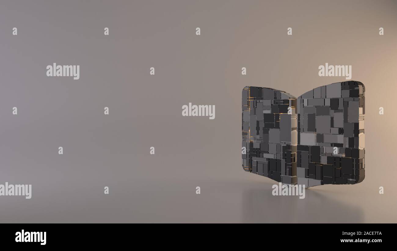 3d rendering metal techno rectangular geometric greeble symbol of book ...