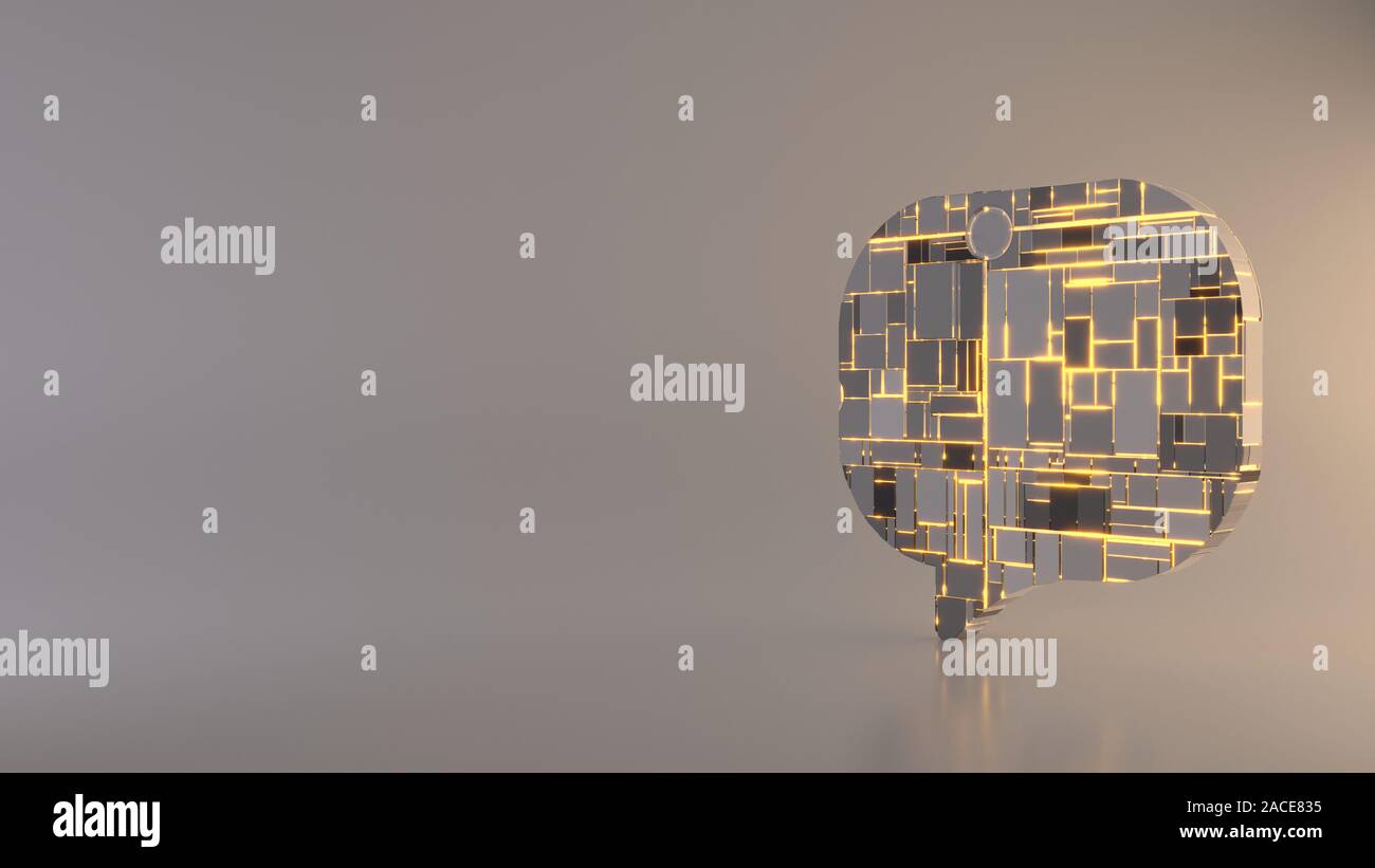 3d rendering metal techno rectangular geometric greeble symbol of rounded chat bubble left icon ...