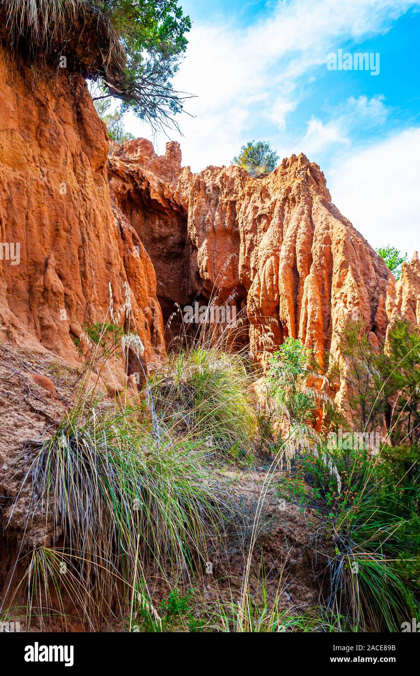 High red clay rocks and cliffs washed by winter rains and surface water ...