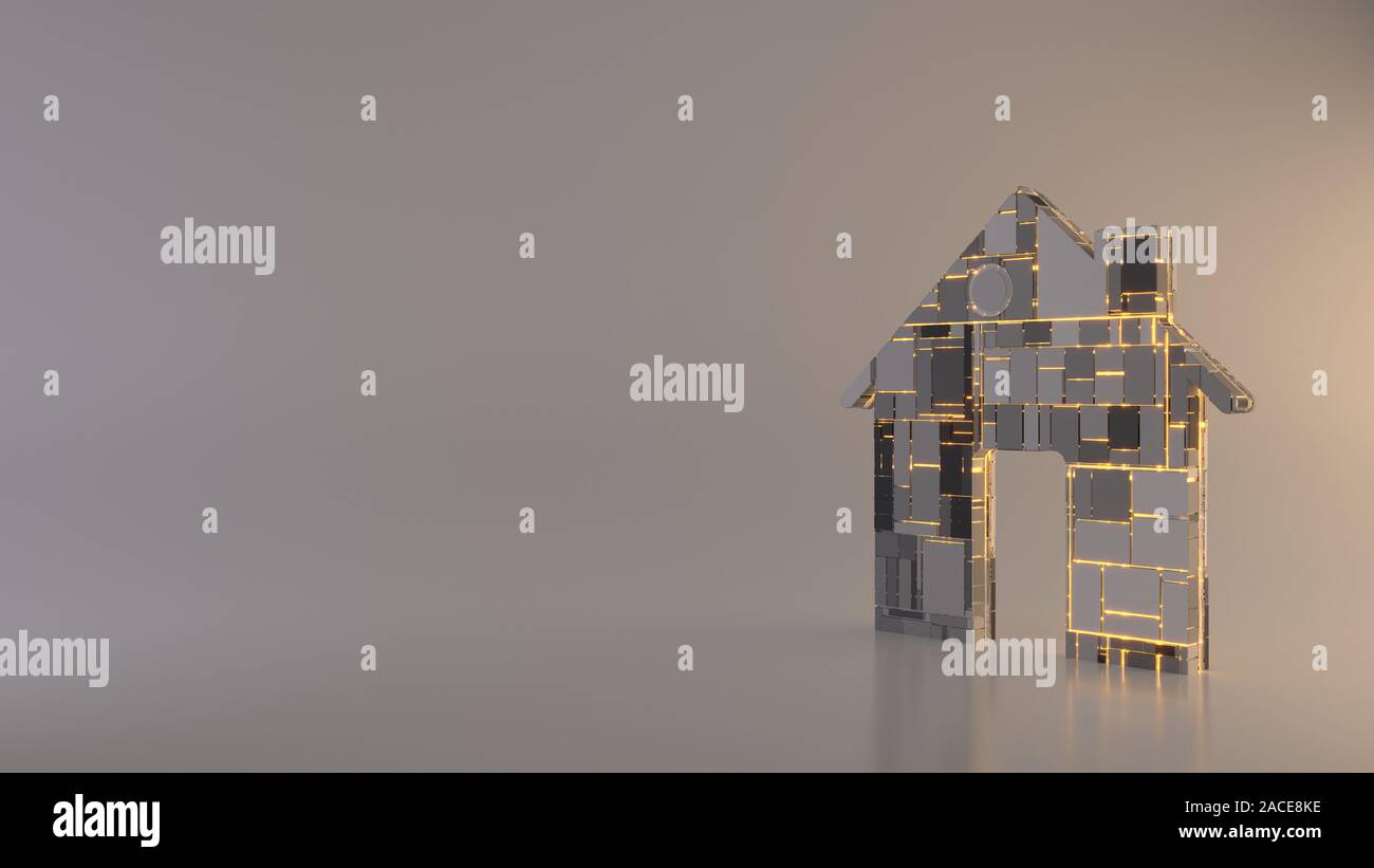 3d rendering metal techno rectangular geometric greeble symbol of home ...