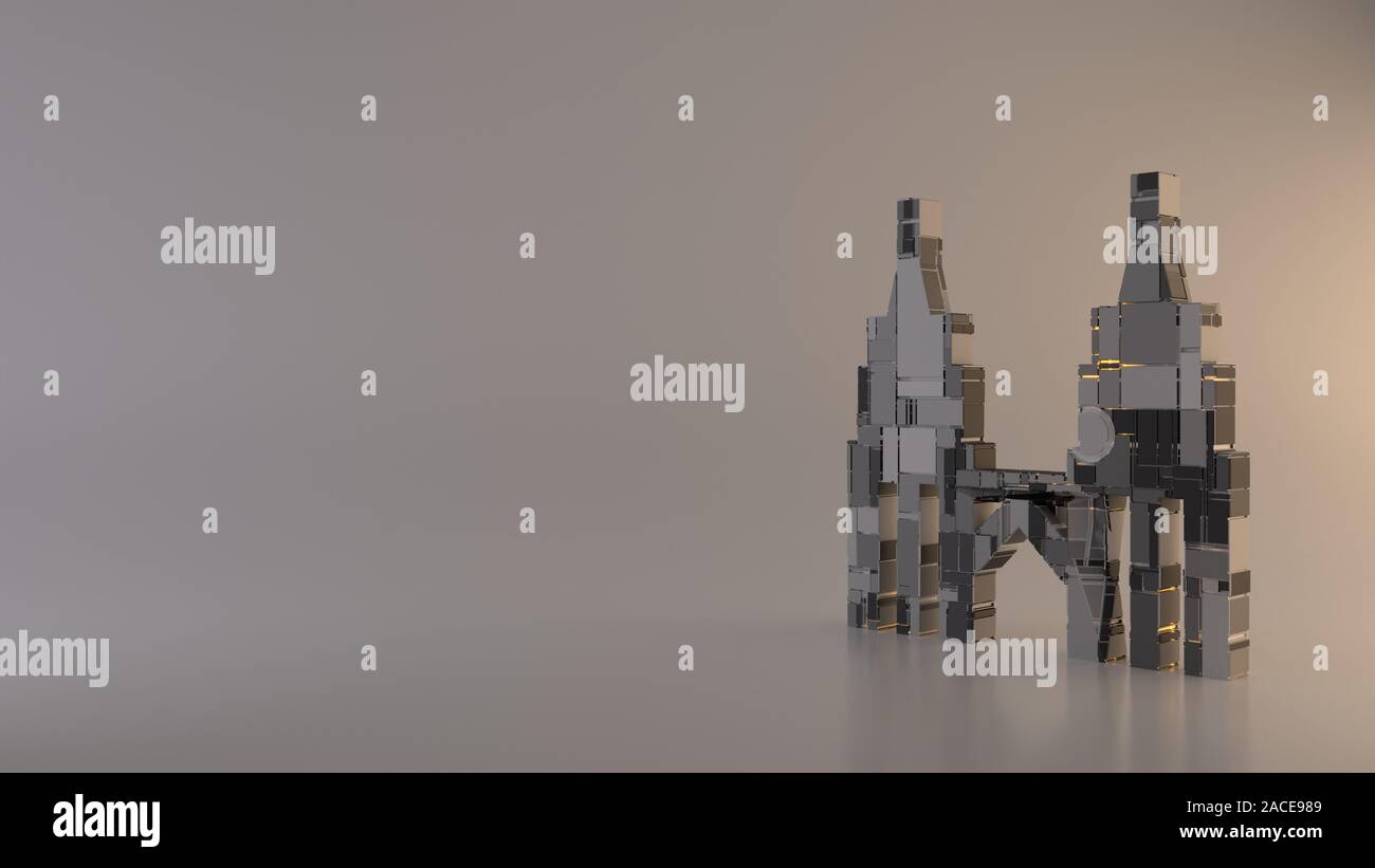 3d rendering metal techno rectangular geometric greeble symbol of Petronas twin tower icon with ...