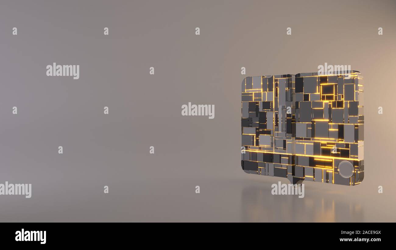 3d rendering metal techno rectangular geometric greeble symbol of open ...