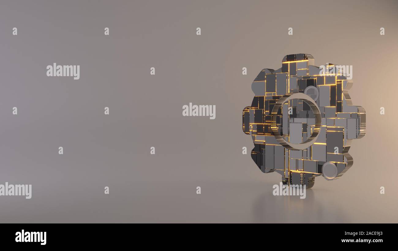 3d rendering metal techno rectangular geometric greeble symbol of cogwheel icon with glowing ...