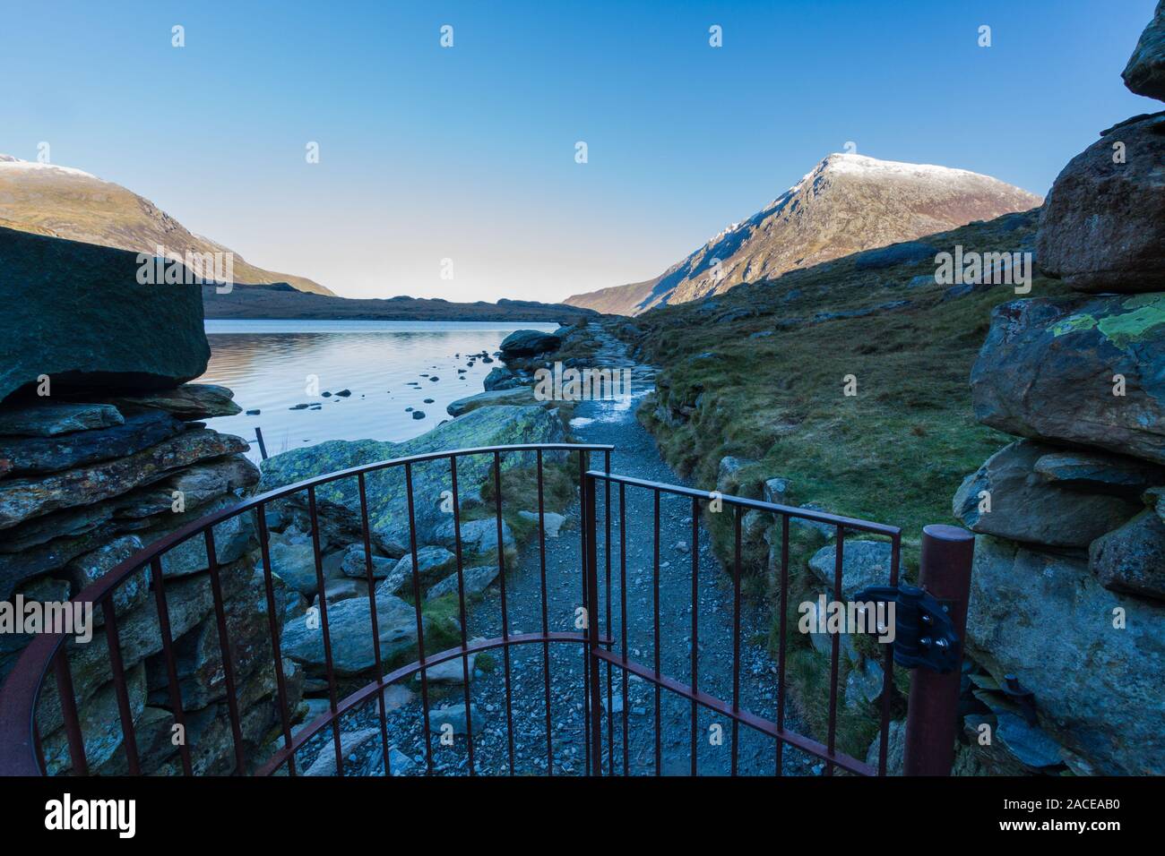 Early morning Carnedd Llewelyn, from path and lake or Llyn Idwal and ...