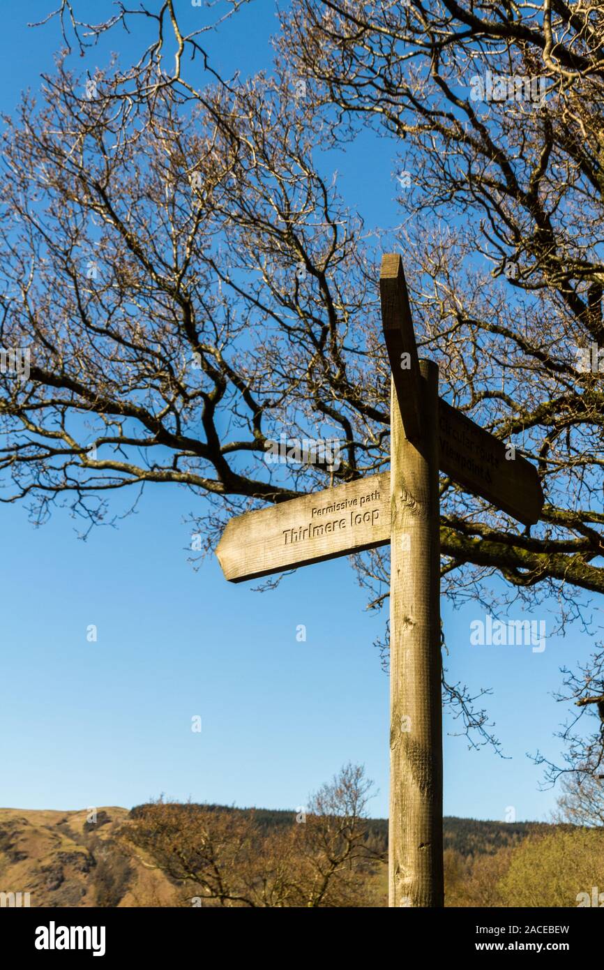Three way wooden finger post, visible Permissive Path, Thirlmere Loop ...