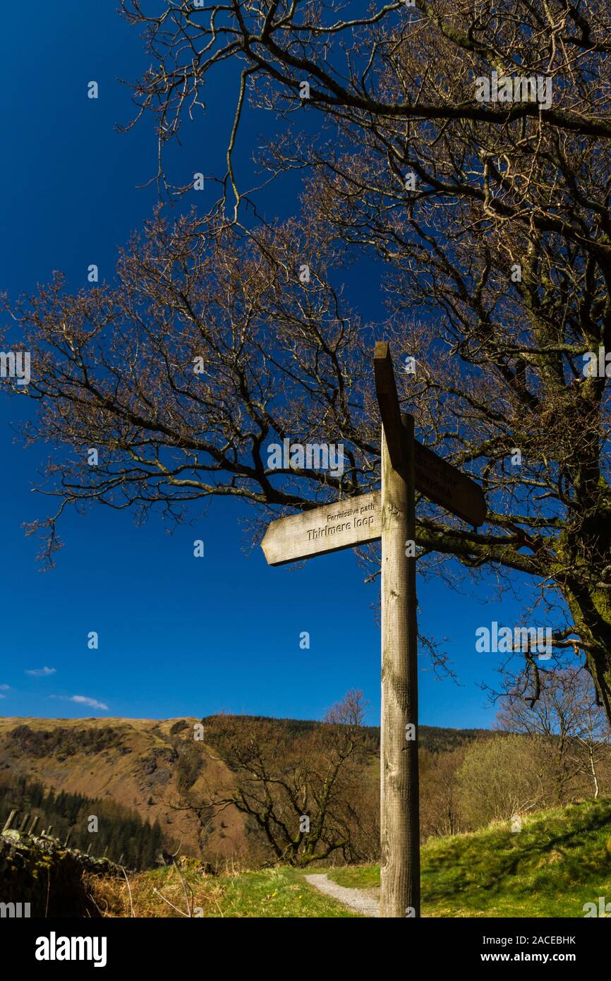 Three way wooden finger post, visible Permissive Path, Thirlmere Loop ...