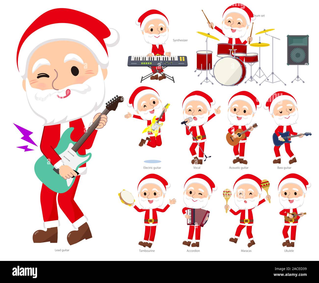 A set of Santa Claus playing rock 'n' roll and pop music.There are also ...