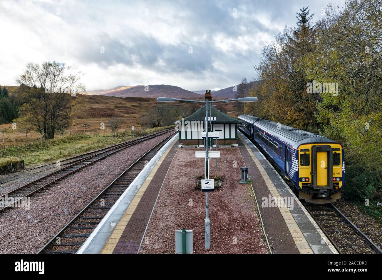 Rannoch, Scotland- Nov 4, 2019: A diesel train coming into platfrom 1 ...