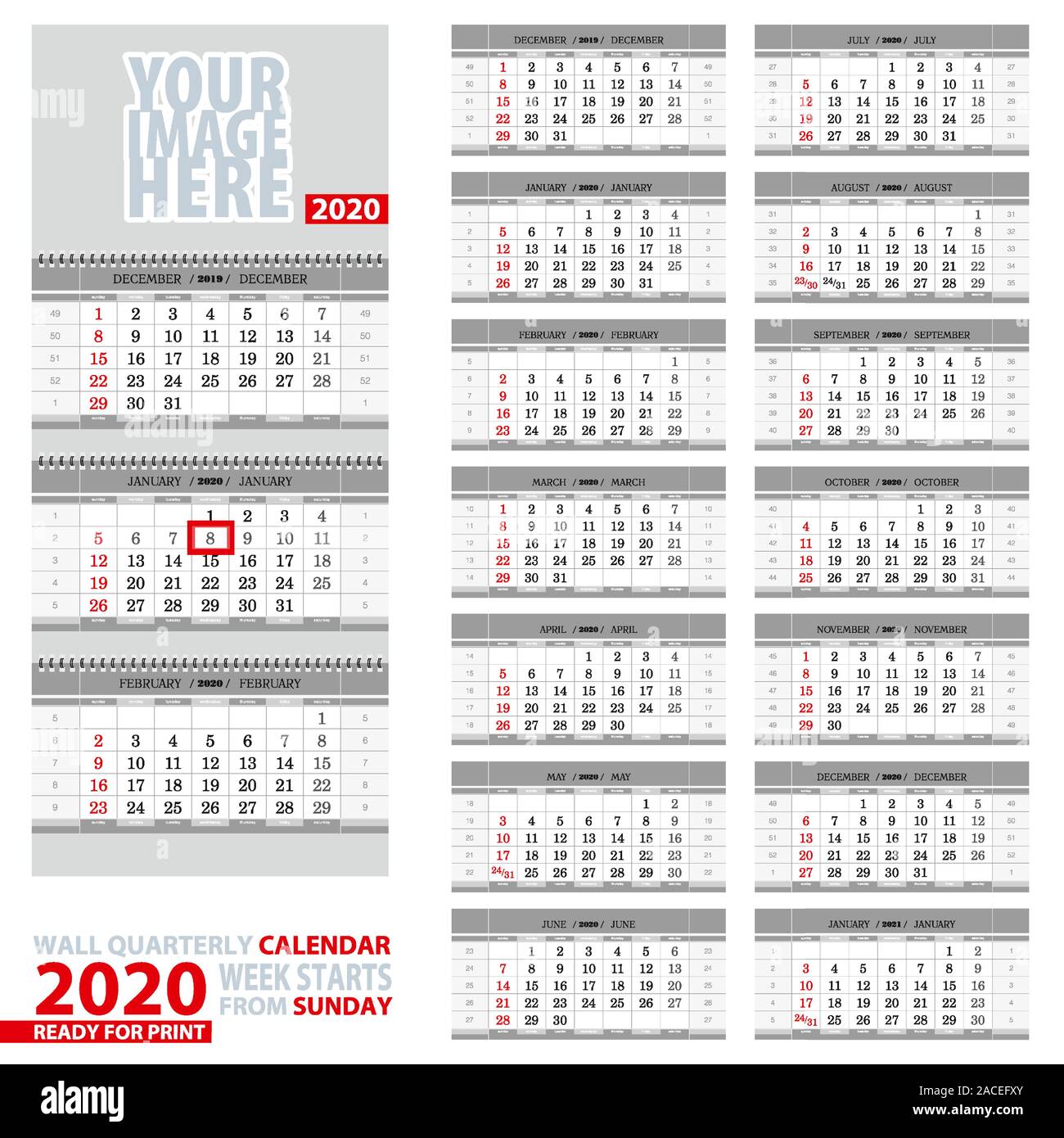 Wall quarterly calendar 2020. Week start from Sunday, ready for print ...