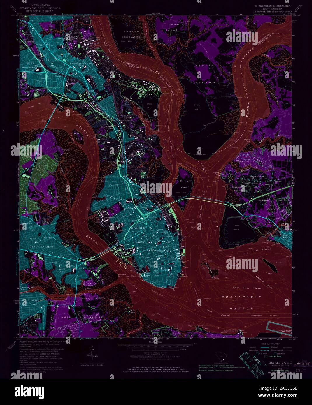 USGS TOPO Map South Carolina SC Charleston 260853 1958 24000 Inverted ...