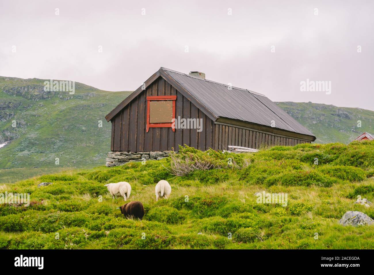 hut wooden mountain huts in mountain pass Norway. Norwegian landscape ...