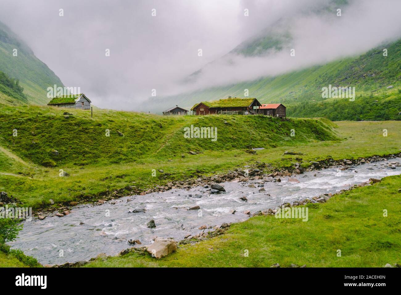 hut wooden mountain huts in mountain pass Norway. Norwegian landscape ...