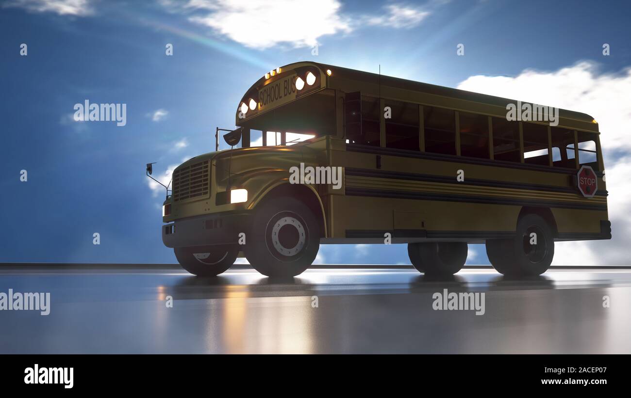 School bus driving on the road, concept of going back to school, 3d ...