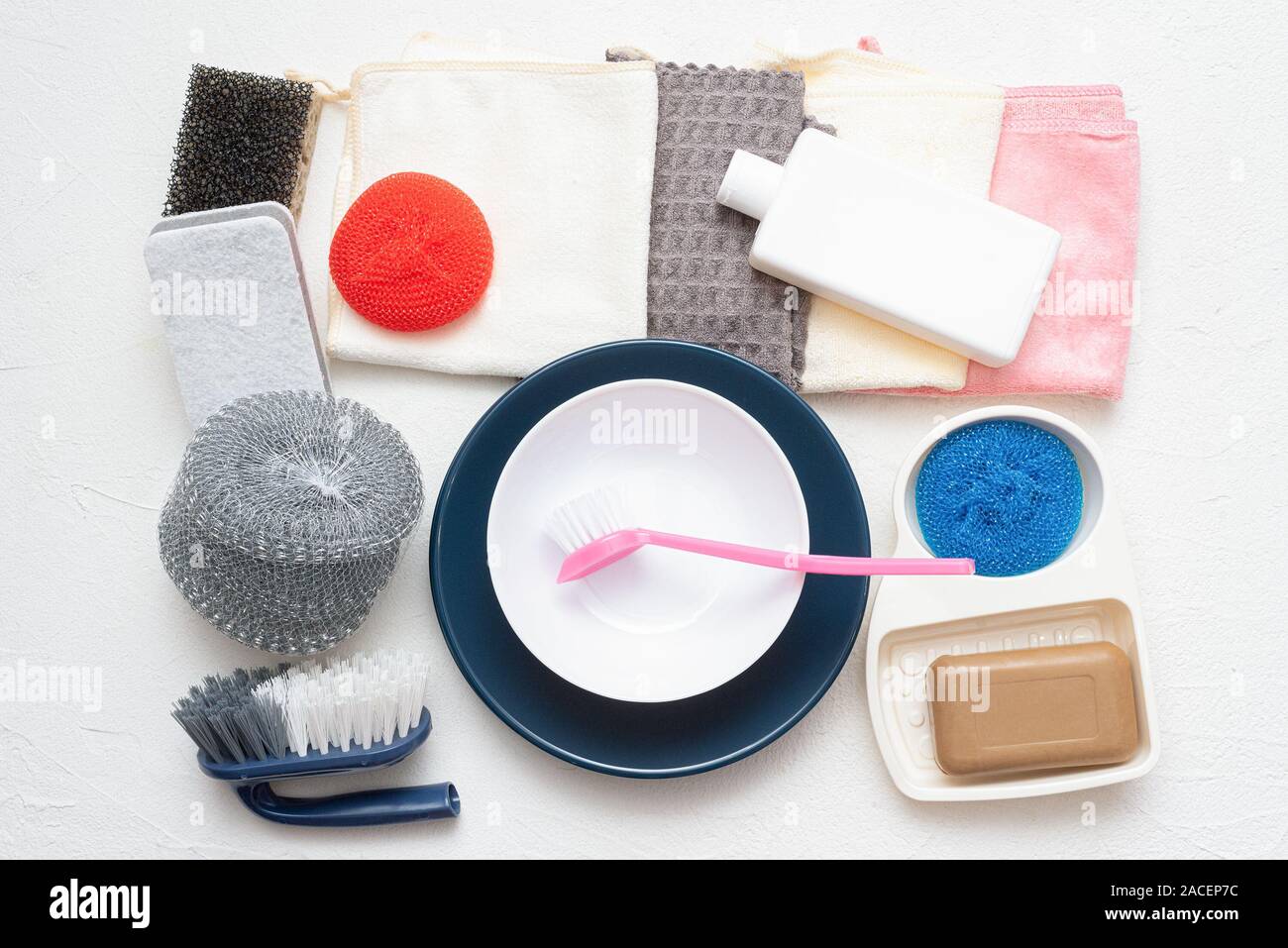 Dish washing accessories on white background. Washing up concept Stock ...