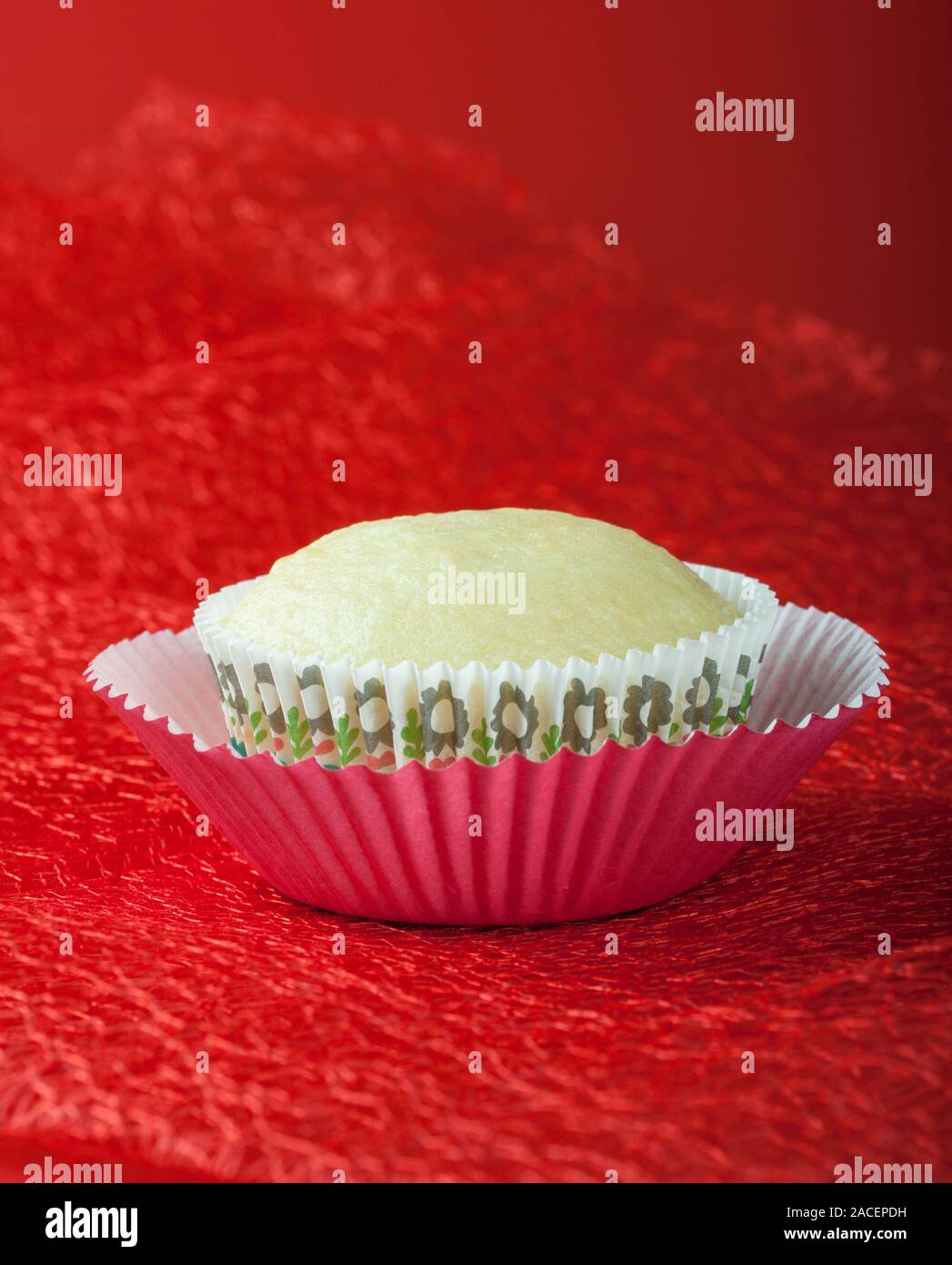 Baked vanilla cupcake on decorative paper mold, red background Stock ...