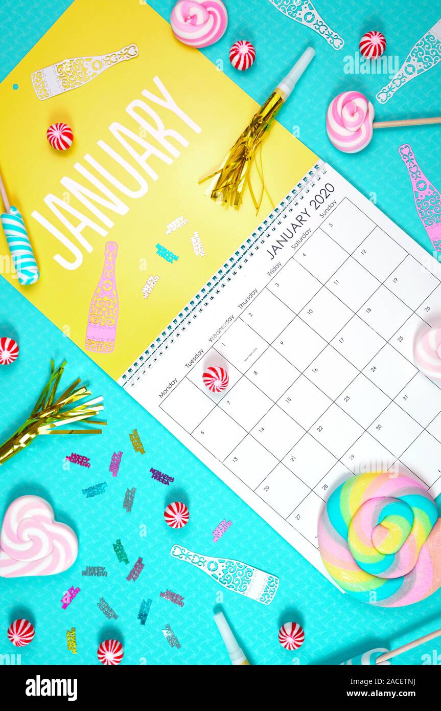 On-trend 2020 calendar page for the month of January modern flat lay ...