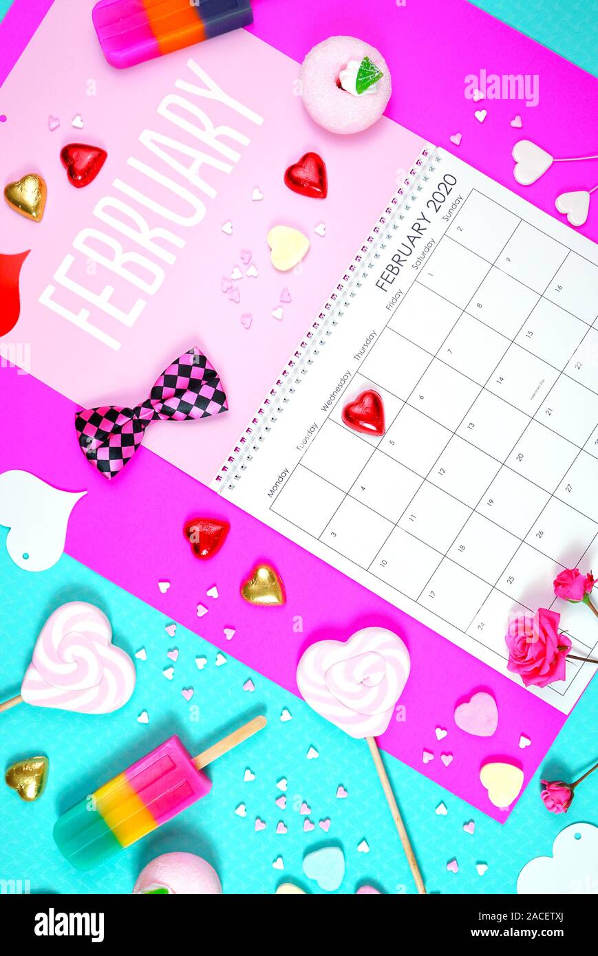 On-trend 2020 calendar page for the month of February modern flat lay ...