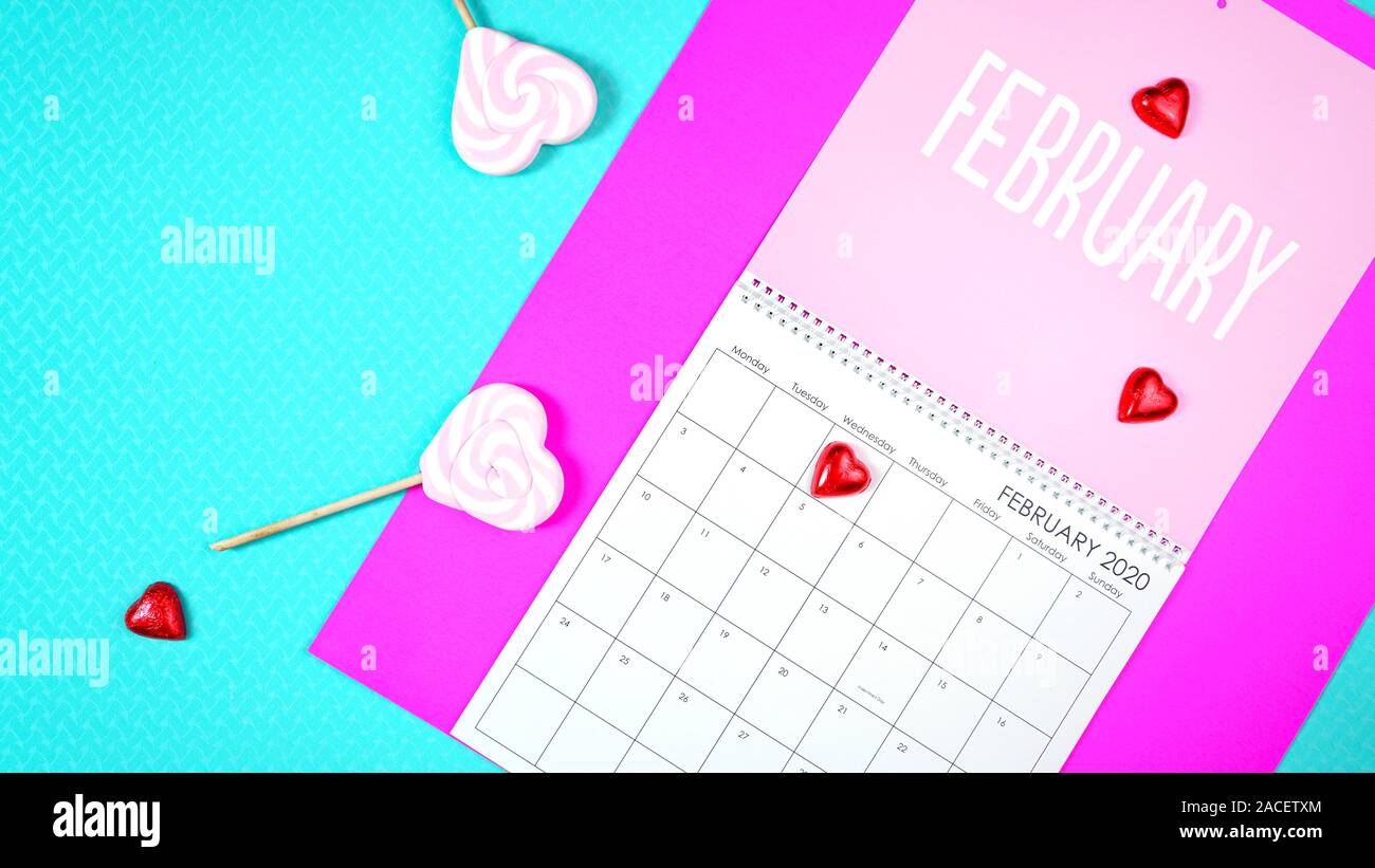 On-trend 2020 calendar page for the month of February modern flat lay ...