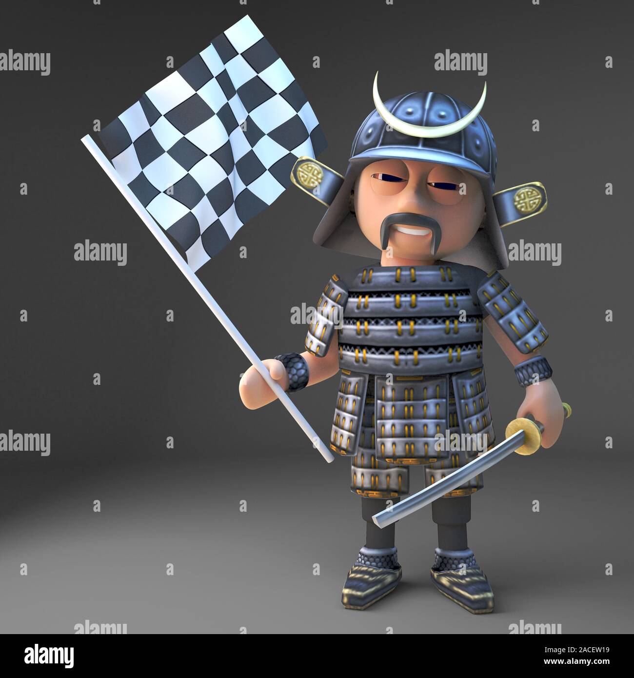 Cartoon 3d oriental samurai warrior in tradional armour waving a ...