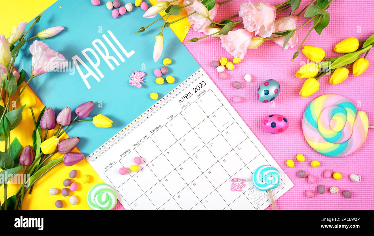 On-trend 2020 calendar page for the month of April modern flat lay with ...