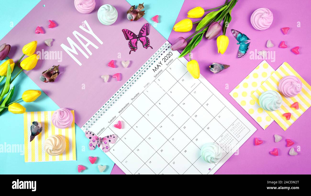 On-trend 2020 calendar page for the month of May modern flat lay with ...