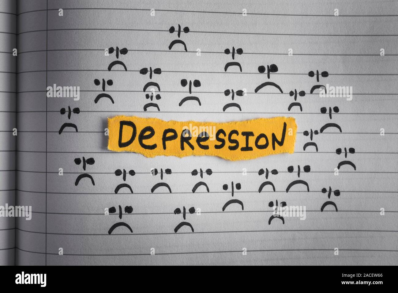 The word Depression on a lined paper with sad faces. Close up Stock ...