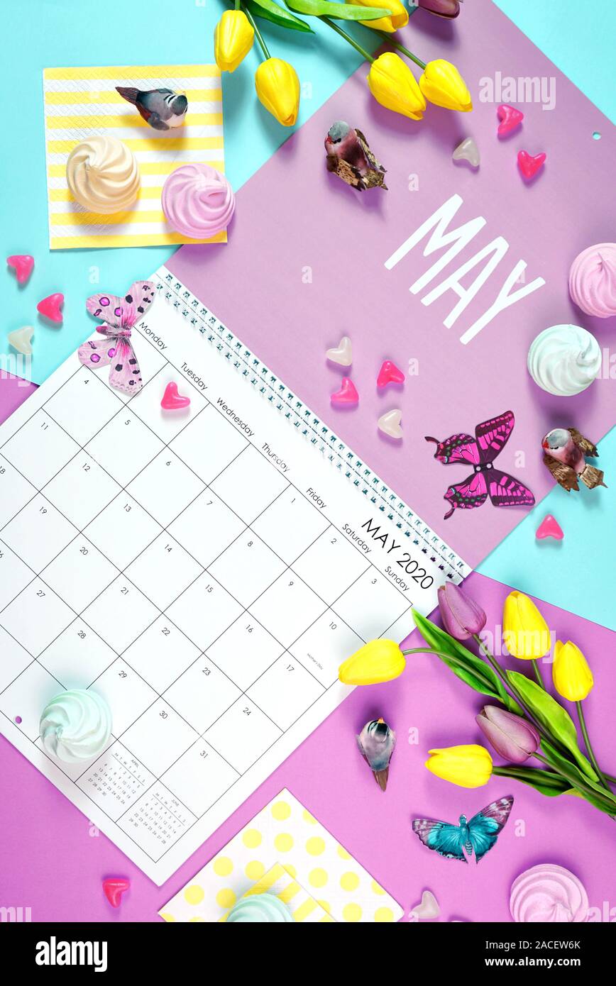 On-trend 2020 calendar page for the month of May modern flat lay with ...