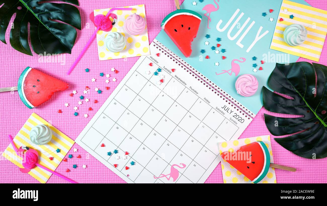 On-trend 2020 calendar page for the month of July modern flat lay with ...