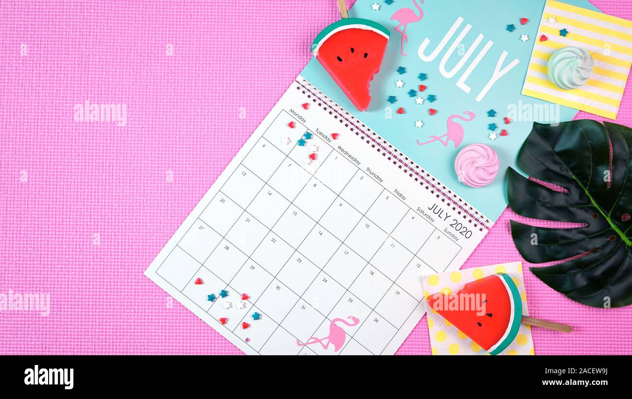 On-trend 2020 calendar page for the month of July modern flat lay with ...